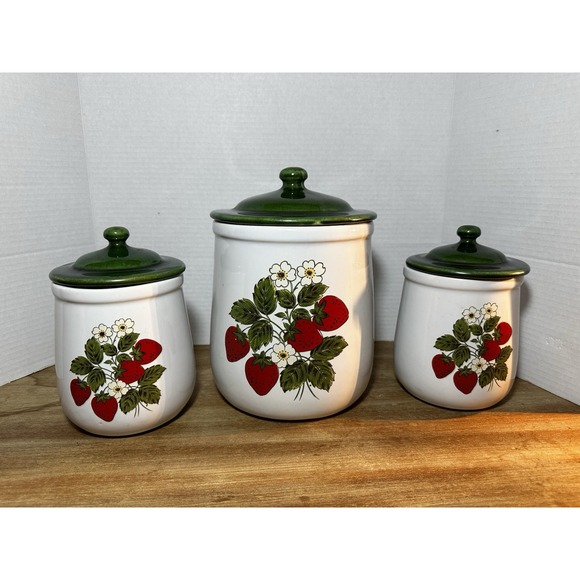 Mccoy | Kitchen | Vintage Mccoy Cookie Jar Set Of 3 Strawberry Daisy ...